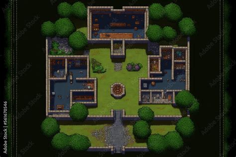 Pixel Art Fantasy RPG Game Map Top View Background In Retro Style For 8 Bit Game Generative