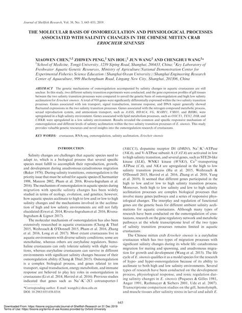 Pdf The Molecular Basis Of Osmoregulation And Physiological Processes Associated With Salinity