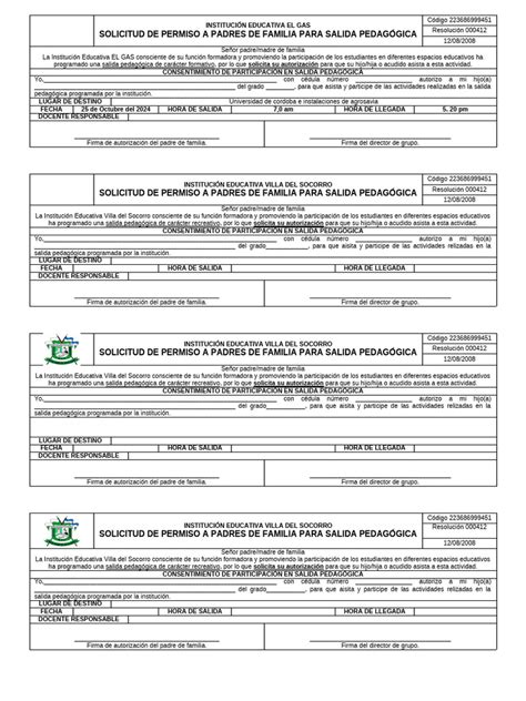 Autorizacion A Padres Para Salida Pedagogica Oficio Yoffre Pdf