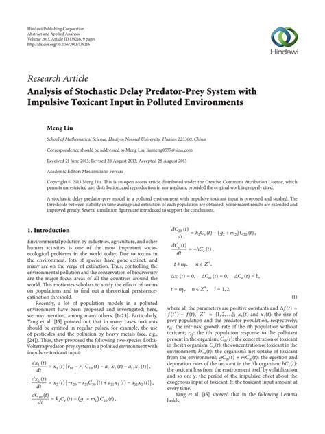 Pdf Analysis Of Stochastic Delay Predator Prey System With Impulsive Toxicant Input In