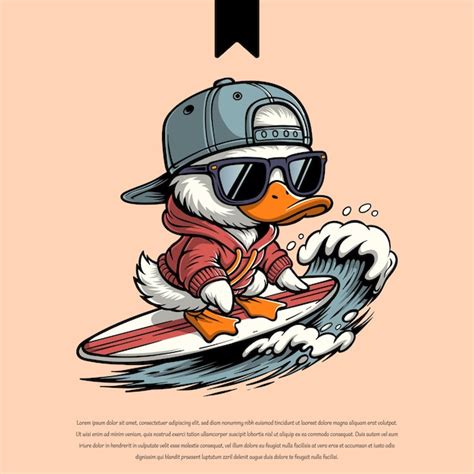 Cool Surfing Duck Cartoon Mascot Logo Premium Vector