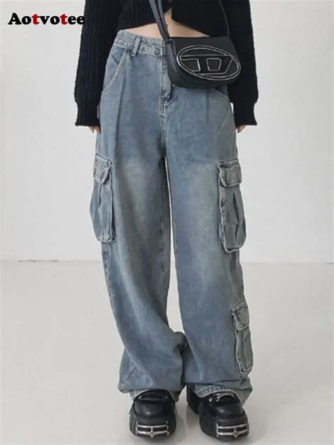 Aotvotee 하이 웨이스트 청바지 Y2k 배기 청바지 여성용 레트로 스트리트웨어 데님 카고 팬츠 루즈 캐주얼 팬츠 오버올 Aliexpress