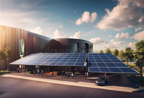 A Large Building With A Solar Array On The Top Of It Stock Illustration