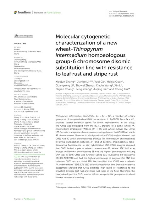 Pdf Molecular Cytogenetic Characterization Of A New Wheat Thinopyrum