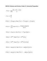 MCV4U Formula Sheet Pdf MCV4U Calculus And Vectors Grade 12 University Preparation Course