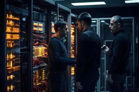 Premium Ai Image Technicians In Discussion Beside Server Rack