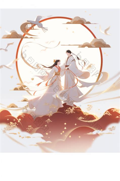 金色古风圆框七夕情侣人物插画牛郎织女png下载 包图网
