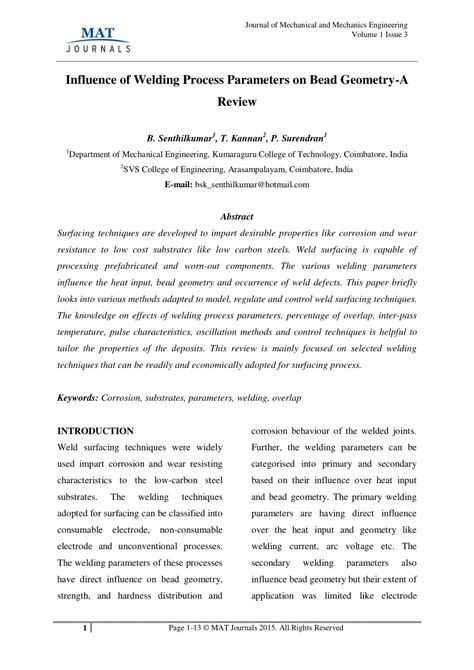 Pdf Influence Of Welding Process Parameters On Bead Geometry A Review