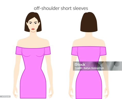 오프 숄더 소매 짧은 길이 옷 캐릭터 보라색 탑 셔츠 드레스 테크니컬 패션 일러스트에 아름 다운 아가씨 플랫 의류 템플릿 앞면 뒷면 여성 남성 남녀 공용 Cad 모형 T