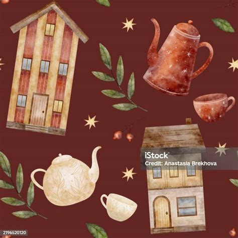 수채화 완벽 한 패턴 집 찻 주전자 컵 나뭇잎 부르고뉴 배경에 그림 직물 직물 포장 옷 인쇄 카드를 위한 휴일 인쇄 0명에 대한 스톡 벡터 아트 및 기타 이미지 Istock