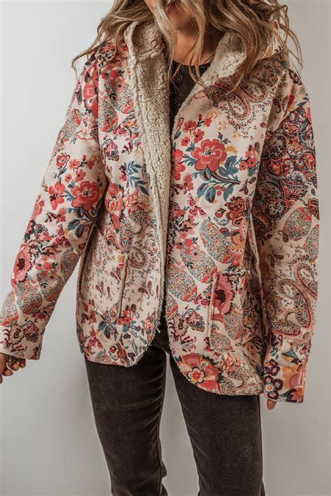 1035 Beige Vintage Paisley Floral Printed Sherpa Lined Hooded Jacket