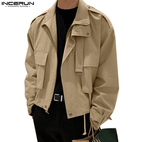 Incerun เสื้อแจ็กเก็ตคาร์โก้ แขนยาว สีพื้น มีกระเป๋า สไตล์เกาหลี แฟชั่นสําหรับผู้ชาย Shopee