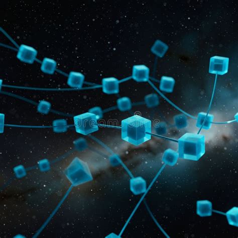 Translucent Blue Cubes Connected By Lines Form A Network Against A Starry Space Stock