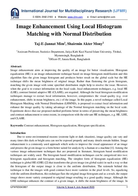 Pdf Image Enhancement Using Local Histogram Matching With Normal
