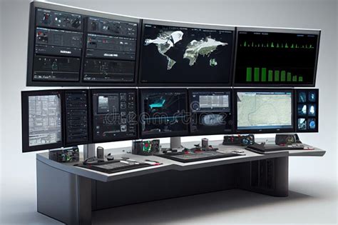 Monitoring Station Filled With Screens Showing Various Locations And Activities Stock