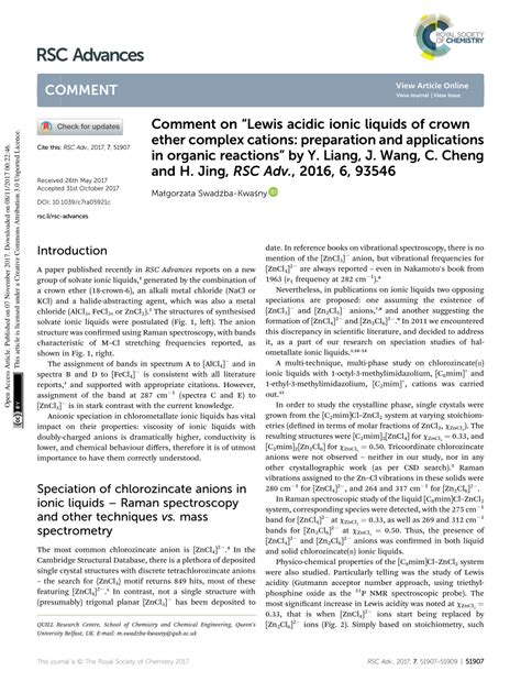 Pdf Comment On Lewis Acidic Ionic Liquids Of Crown Ether Complex Cations Preparation And