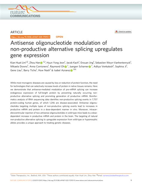Pdf Antisense Oligonucleotide Modulation Of Non Productive Alternative Splicing Upregulates