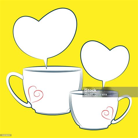 하트 형태의 대화 거품이있는 두 개의 차 머그잔 뜨거운 음료 한 잔을 통해 두 연인 사이의 낭만적 인 대화 강한 우정이나 사랑은 향기로운 차 한 잔을 통해 대화하는 것으로