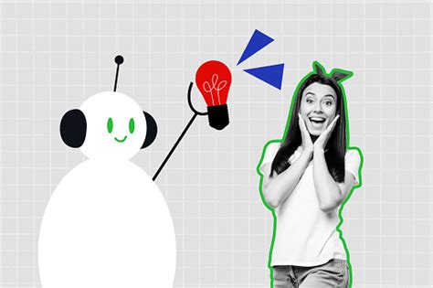 크리 에이 티브 사진 포스터 트렌드 아트 콜라주 흥분한 소녀의 이미지 받다 해결책 전구 아이디어 계획 기계 인간 만화 인공 지능