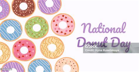 내셔널 도넛 데이 배너 축하 홍보 전단지 다양한 도넛의 평면 만화 삽화 National Doughnut Day에 대한 스톡 벡터 아트 및 기타 이미지 National