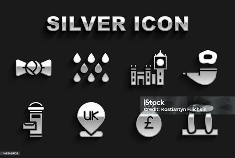 위치 영국 흡연 파이프 스톤헨지 파운드가 든 돈 가방 런던 우편함 빅 벤 타워 나비 넥타이 및 물방울 아이콘을 설정합니다 벡터