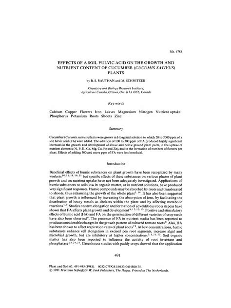 Cucumbers Nutrient Uptake Fulvic Acid Pdf Plant Nutrition Chemistry