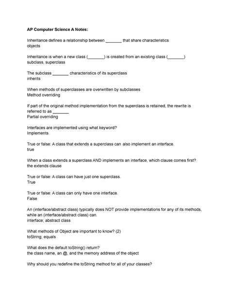 ap computer science a notes ap computer science a notes inheritance