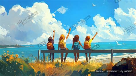 Ai创作图闺蜜看海 毕业旅行青春 青春同学会聚会 学生暑假郊游 湖边一起看海的女孩 青春唯美插画 毕业旅游毕业旅行 闺蜜同学会毕业季友情 毕业季旅游 动漫海边 青春校园插画 毕业季旅行 青春