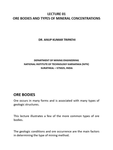 Lecture 01 Ore Bodies And Mineral Concentrations Pdf