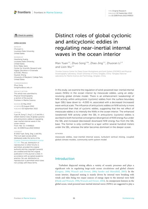 Pdf Distinct Roles Of Global Cyclonic And Anticyclonic Eddies In Regulating Near Inertial