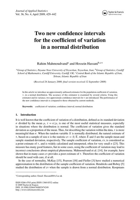 Pdf Two New Confidence Intervals For The Coefficient Of Variation In A Normal Distribution