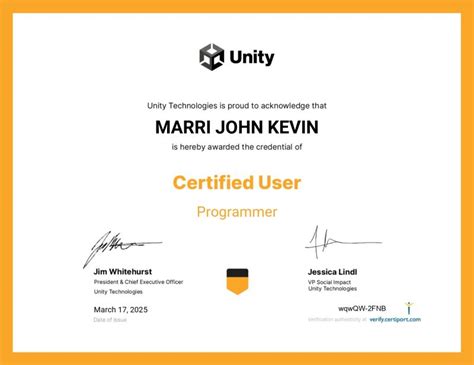 Unity Certified User Programmer Certificate M John Kevin