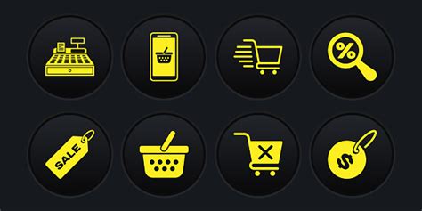 판매 돋보기 퍼센트 장바구니 장바구니 제거 모바일 및 달러 및 금전 등록기 기계 아이콘으로 가격 태그를 설정합니다 벡터 0명에 대한 스톡 벡터 아트 및 기타 이미지 Istock