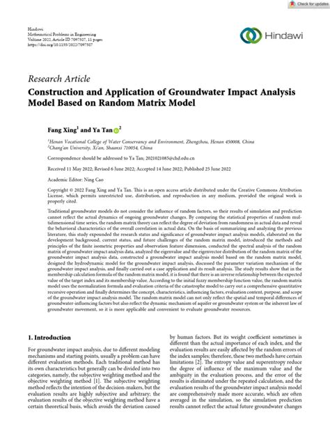 Mathematical Problems In Engineering 2022 Xing Construction And Application Of Groundwater