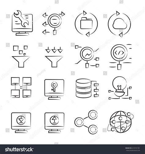 Hand Drawn Network Database Icon Set Stock Vector Royalty Free