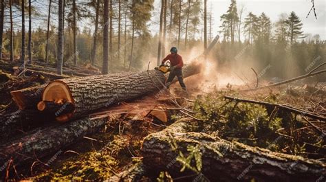 Premium Photo Tree Cutting Process Team Of Skilled Lumberjack