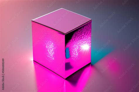 Metallic 3d Image Of A Cube In Highly Reflective Chrome Material Melting On A Pink Floor Withe