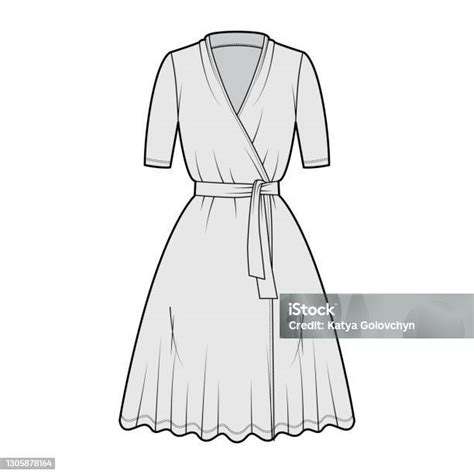 깊은 V넥 반소매 오버사이즈 무릎 길이 원형 컷 넥타이를 가진 랩 드레스 테크니컬 패션 일러스트 0명에 대한 스톡 벡터 아트 및