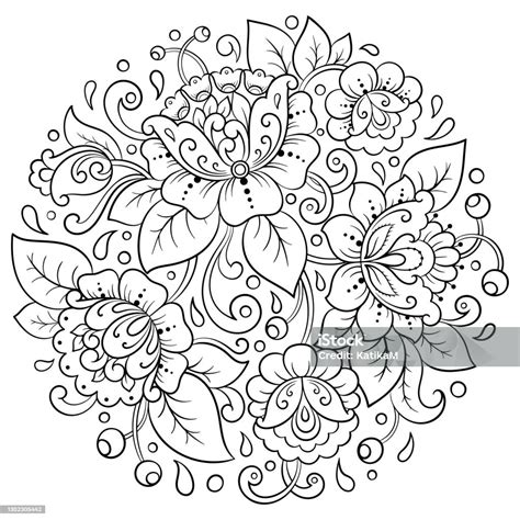 색칠 공부 책 페이지에 대한 멘디 스타일의 둥근 꽃 패턴을 윤곽 성인과 어린이를위한 안티 스트레스 흑백의 낙서 장식 손 그리기