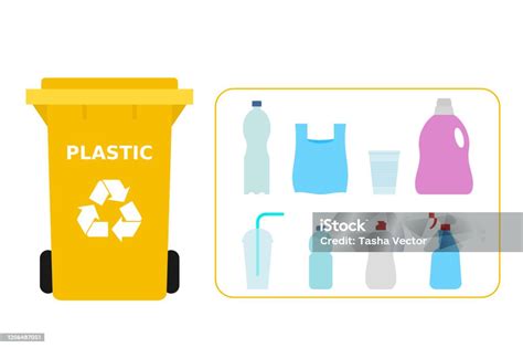 노란색 쓰레기는 재활용에 적합한 플라스틱 폐기물로 할 수 있습니다 바퀴 달린 쓰레기통에 대한 스톡 벡터 아트 및 기타 이미지 바퀴 달린 쓰레기통 빨대 일회용 컵