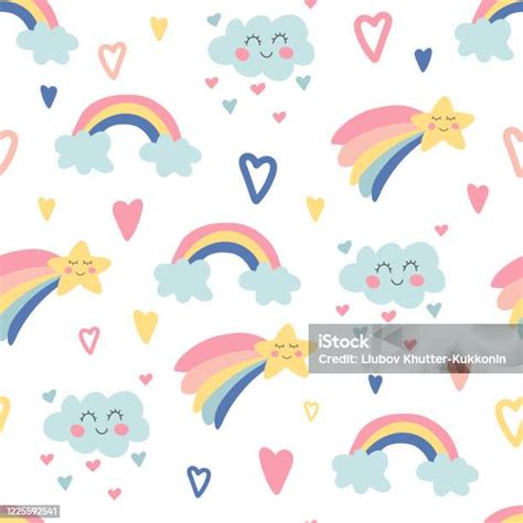 무지개 구름 밝은 별과 마음과 손으로 그린 원활한 패턴 귀여운 아이 보육 하늘 배경입니다 베이비 샤워 벽지 직물 포장 의류에 대한 낙서 디자인 벡터 일러스트레이션 구름에