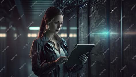 Premium Photo A Woman Stands In Front Of A Server Room With A Tablet In Her Hand