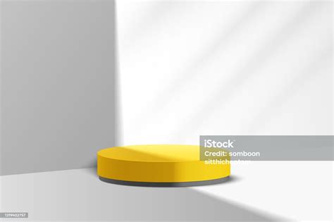 현대 노란색과 검은 색 실린더 받침대 연단 창문 그림자가있는 흰색 빈 방 추상 벡터 렌더링 3d 모양 화장품 디스플레이 프리젠 테이션 스튜디오 룸 최소한의 벽 장면 3차원