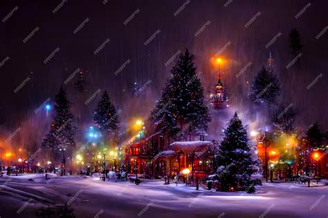 Premium Photo Snowy Christmas Night In Abstract Small American Town
