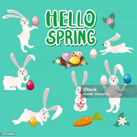 귀여운 토끼 부활절 사냥 달걀 세트 만화 재미 부활절 토끼 둥지 일러스트 가공의 인물에 대한 스톡 벡터 아트 및 기타 이미지 가공의 인물 개념 공휴일 Istock