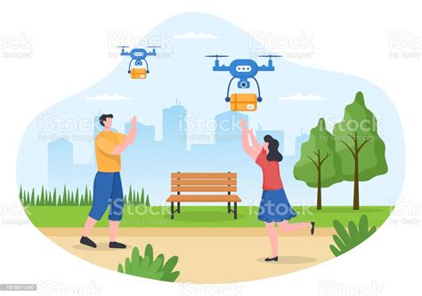 배달 서비스는 드론 배경 벡터 일러스트레이션을 사용합니다 소포 소포 배송을 위한 현대 기술 장치를 사용하여 상자를 배포하는 직원