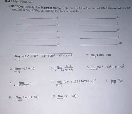 Solved TEST 1 Identification DIRECTION Identity The Theorem Chegg Com