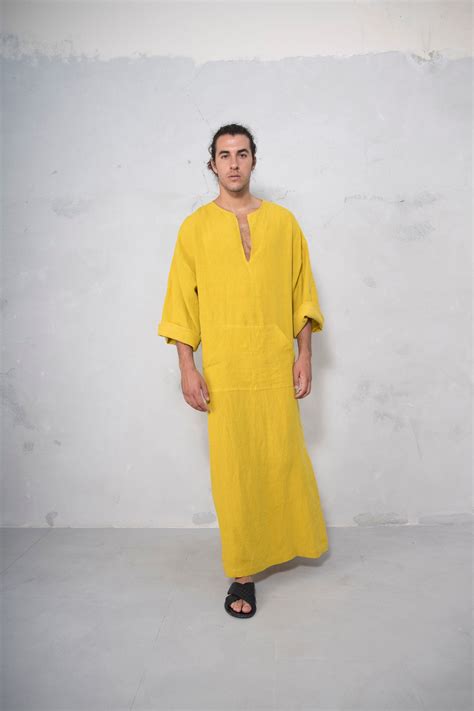 Classico Mens Curry Color Linen Caftan Front Pocket