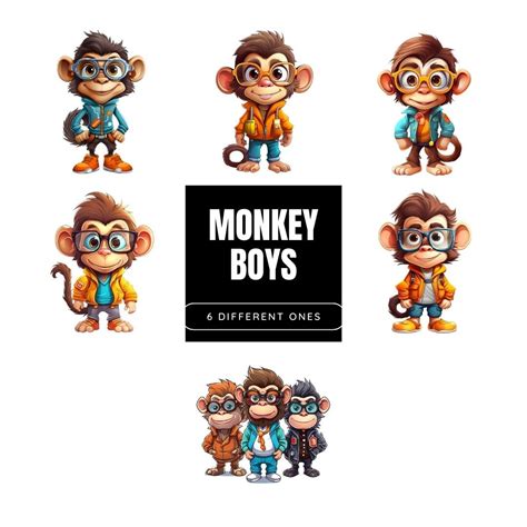 Nerd Monkey Sublimation Clipart Set Colorful Cartoon Geek Graphics Etsy