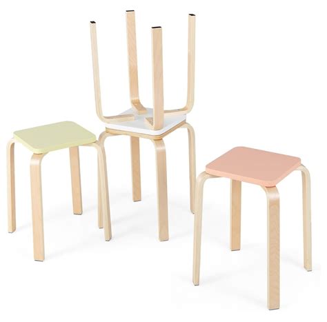 Stackable Wooden Stools Set Of 4 Portable 18 Inch Height Backless School Chairs With Square Top